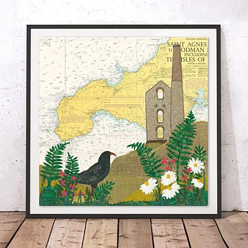 Cornish tin mine and chough original textile art | Hannah Wisdom Textiles